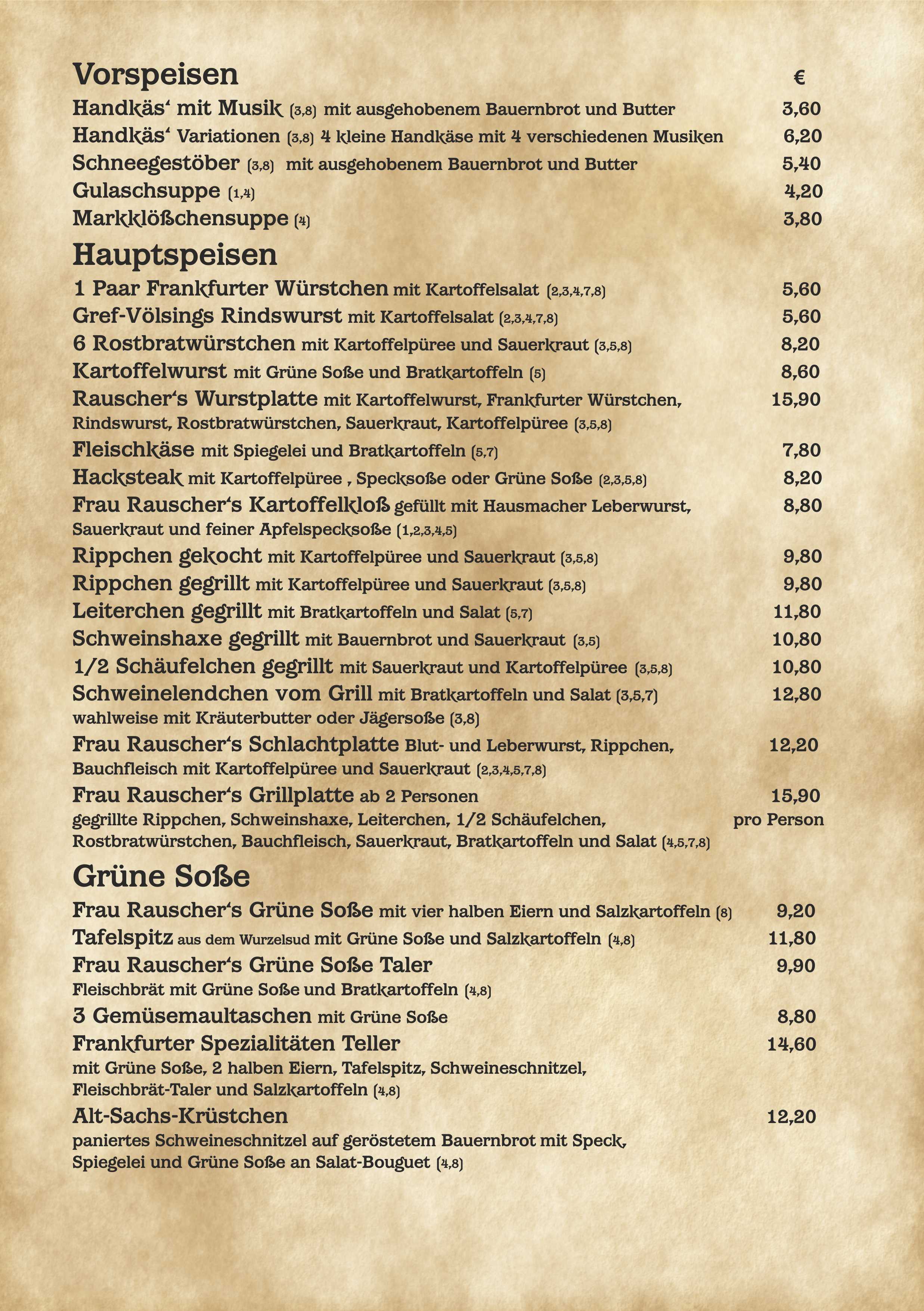 Speisekarte Apfelweinlokal Frau Rauscher